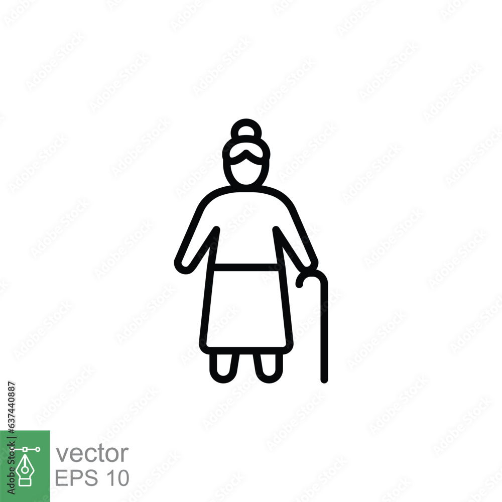 Old woman icon. Simple outline style. Person with cane, stick, elder ...