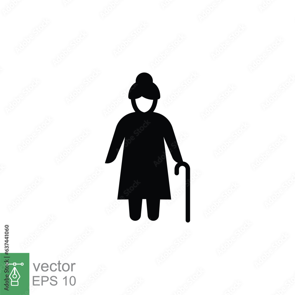 Old woman icon. Simple solid style. Person with cane, stick, elder age ...