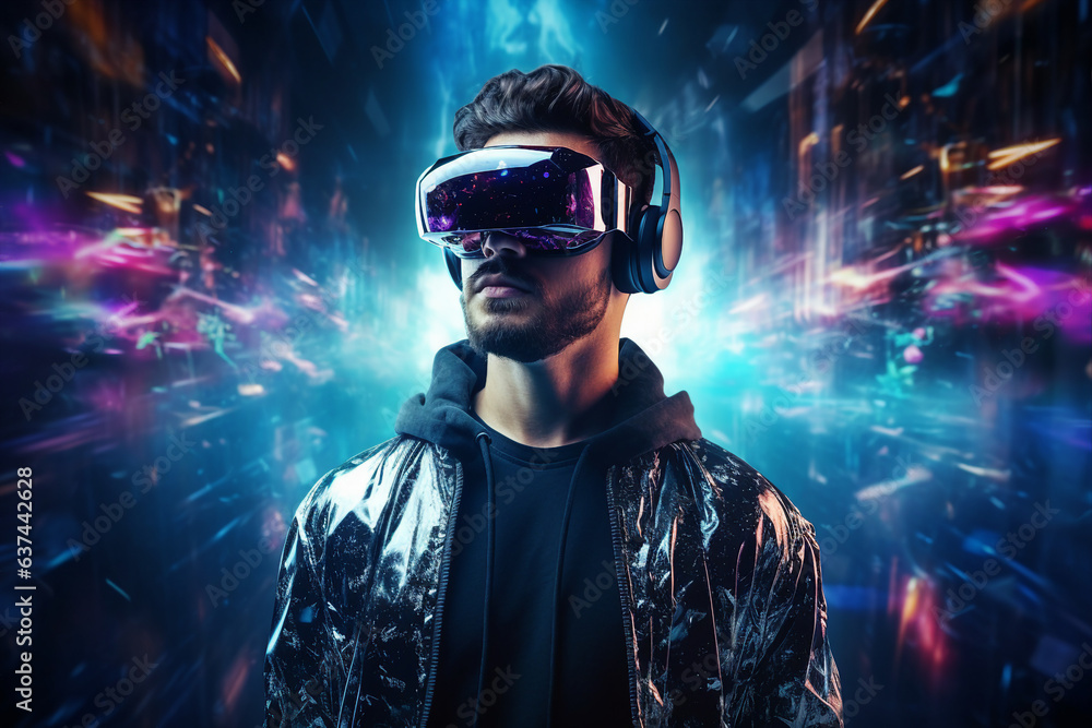 Generative ai collage photo of person using gadget for virtual reality ...