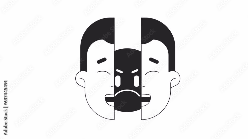 Hypocrite fake guy split face bw outline 2D animation. Happy man head ...