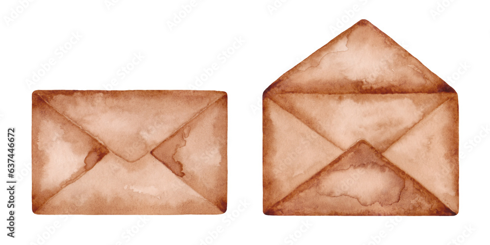 A set of old yellowed envelopes isolated on a white background. Hand ...