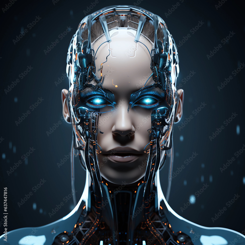 Female android face on dark background. Artificial intelligence concept ...