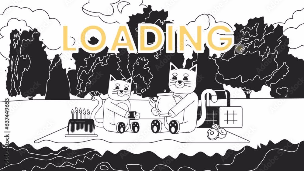 Tea party picnic black and white loading animation. Happy kitten ...