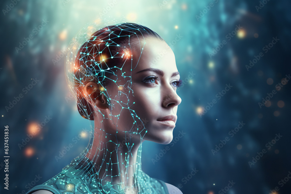 3D humanoid AI robot metaverse cyberspace digital world background ...