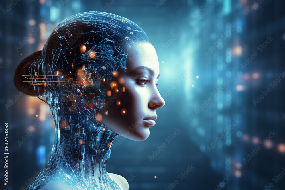 3D humanoid AI robot metaverse cyberspace digital world background ...