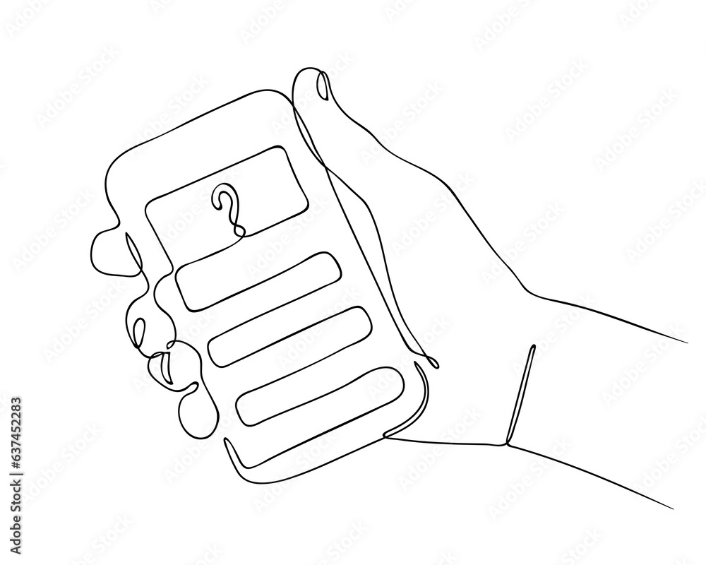 One continuous line drawing. Hand and calculator with question mark ...