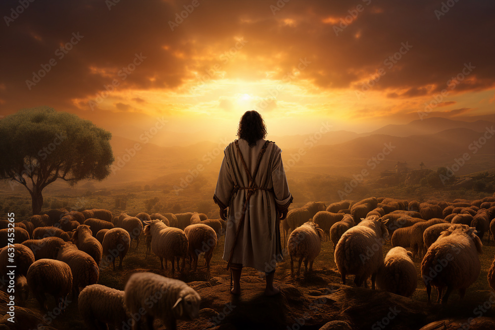 Generative Ai illustration Jesus is walking in meadow with sheep Jesus ...