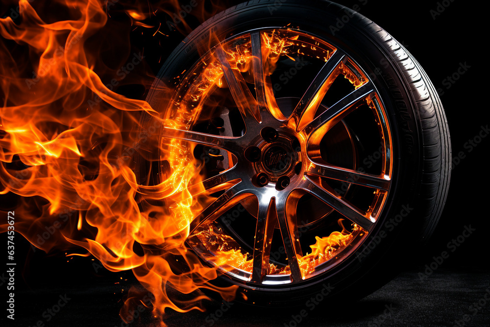 Generative AI picture of fire and explosions burning car wheel tire in ...