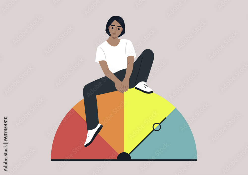 A young character siting on top of a credit score infographics, a semi ...