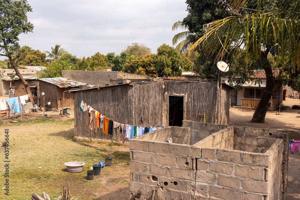 Exterior view of a reed house, common in some parts of Africa, with ...