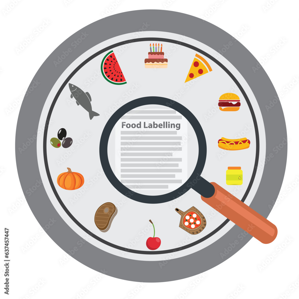 Magnifying glass on a label, food labelling concept Stock Vector ...