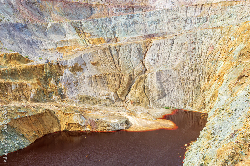 Dark Red Lake at the Bottom of the Old Abandoned Open Pit Mineral Mine ...