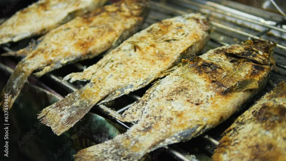 Asian street food: big grilled fish bbq at local thai night market ...