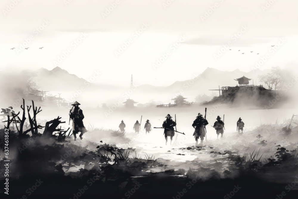Enthralling depiction of a foggy, dawn-lit battlefield with samurai ...