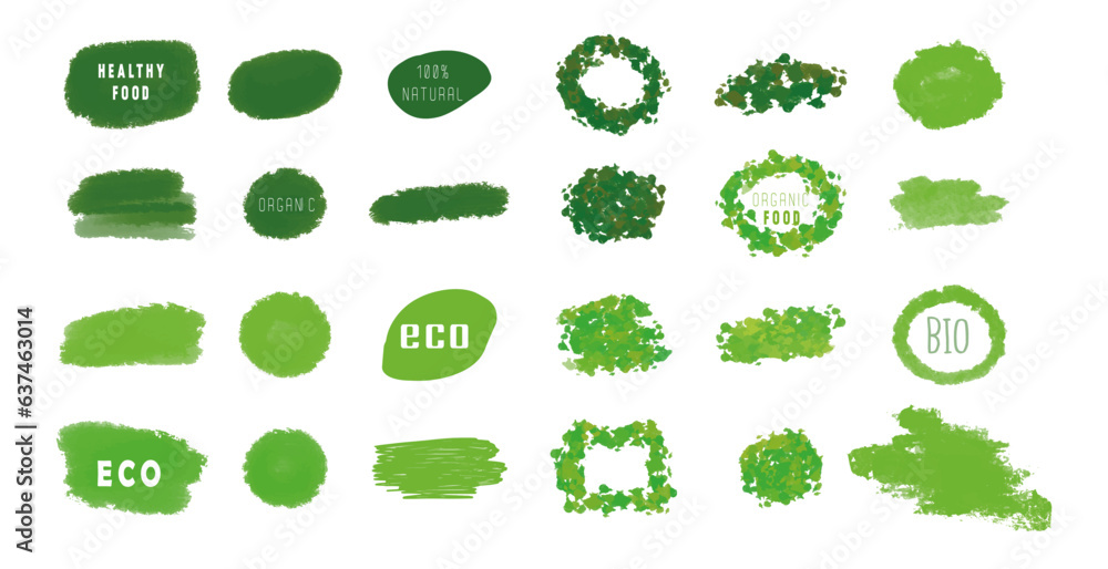 Set of watercolor green brush texture for healthy food. Organic, bio ...