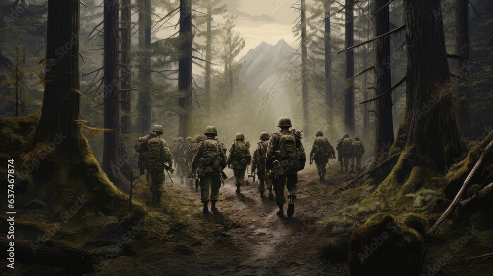 A group of armed US soldiers marching in forest. Ai generative. Stock ...