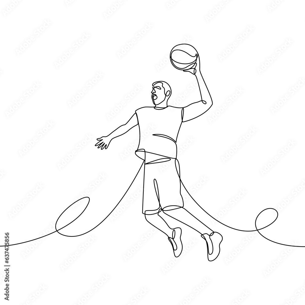 Continuous line drawing of a basketball player jumping with the ball in ...