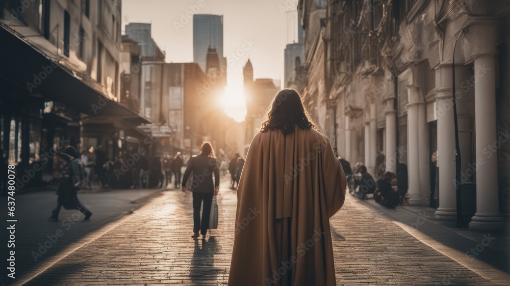 Jesus Christ in a cloak stands in the middle of a busy modern street ...