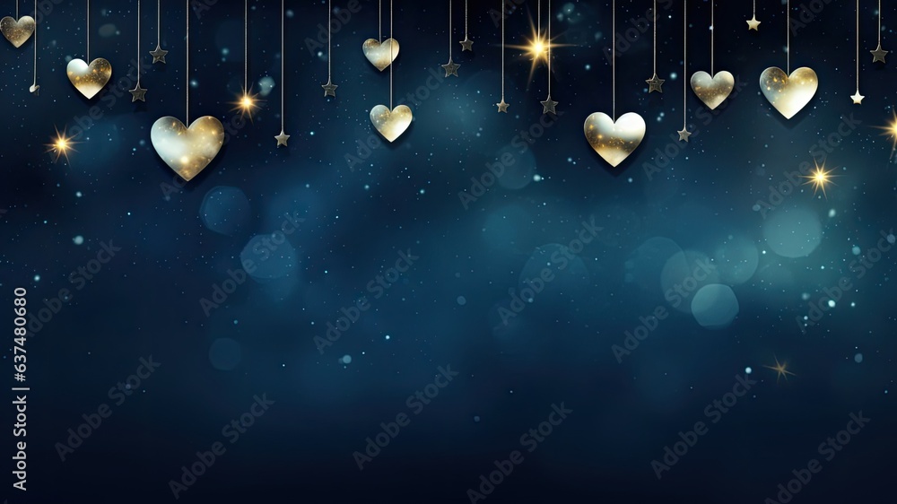 Golden hearts in the sky hanging over a blue background, wishes for ...