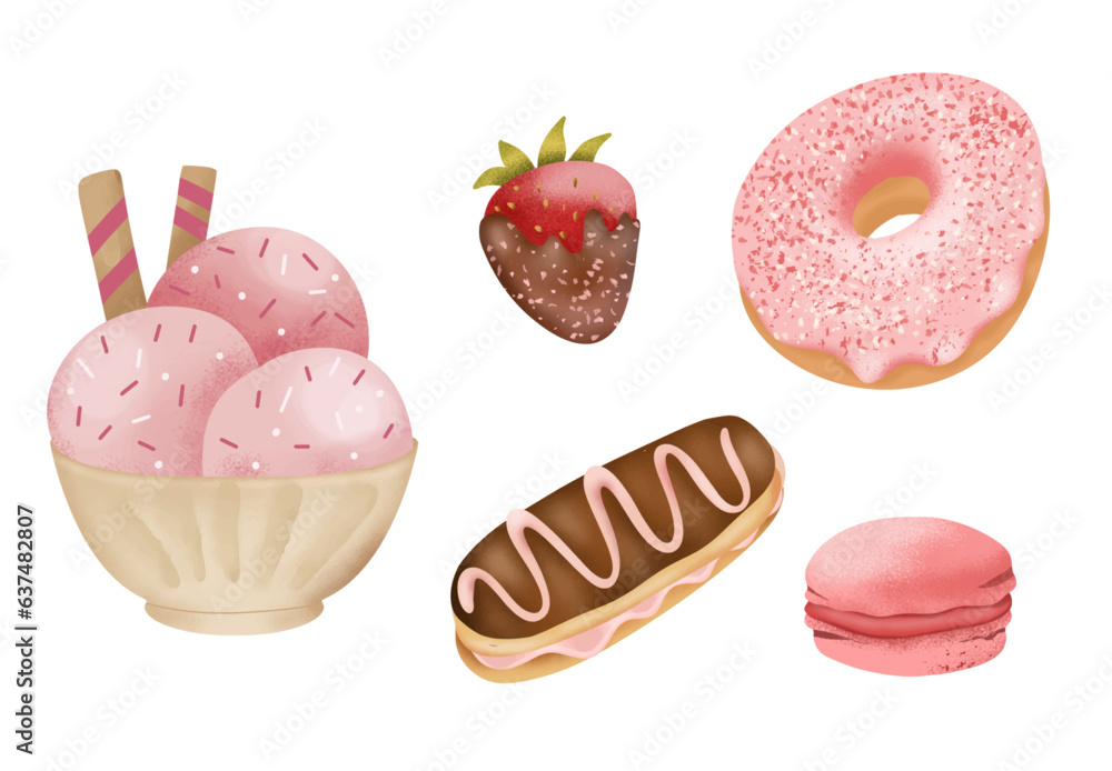 Set of delicious desserts, vector. Eclair, macaron, ice cream bowl, strawberry in chocolate ...