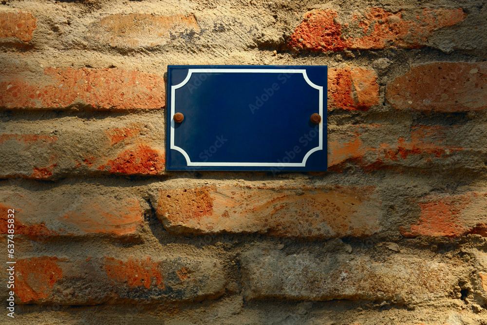 mockup. empty Old red brick house. blue iron number plate. mock up ...