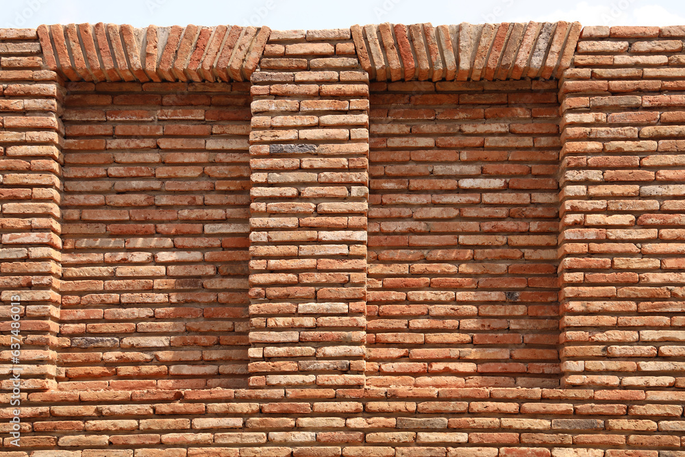 background of two 2 Red Brick Windows. bricked frames. front view. blue ...