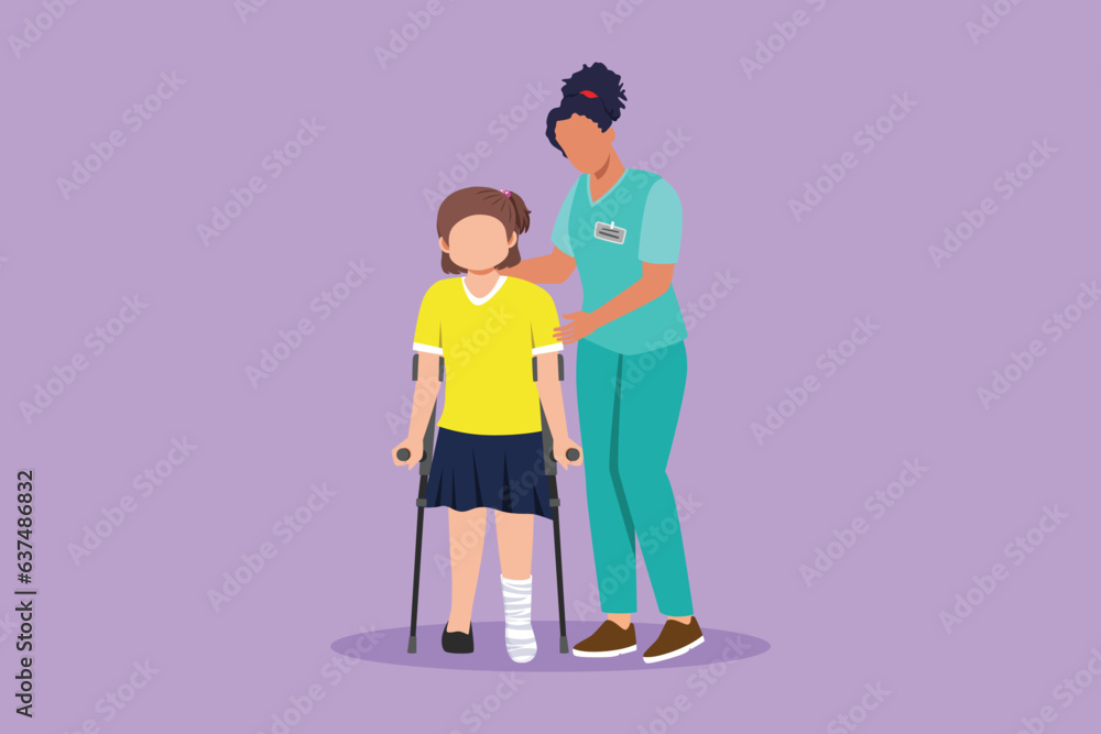 Cartoon flat style drawing little girl patient learn walking using ...