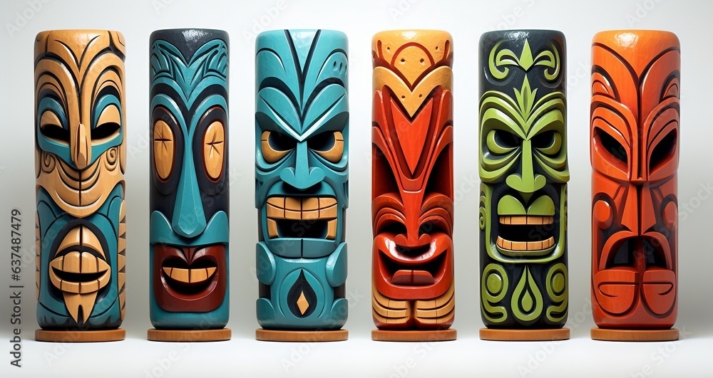 Tiki carvings on white background, elongated random shapes, caricature ...