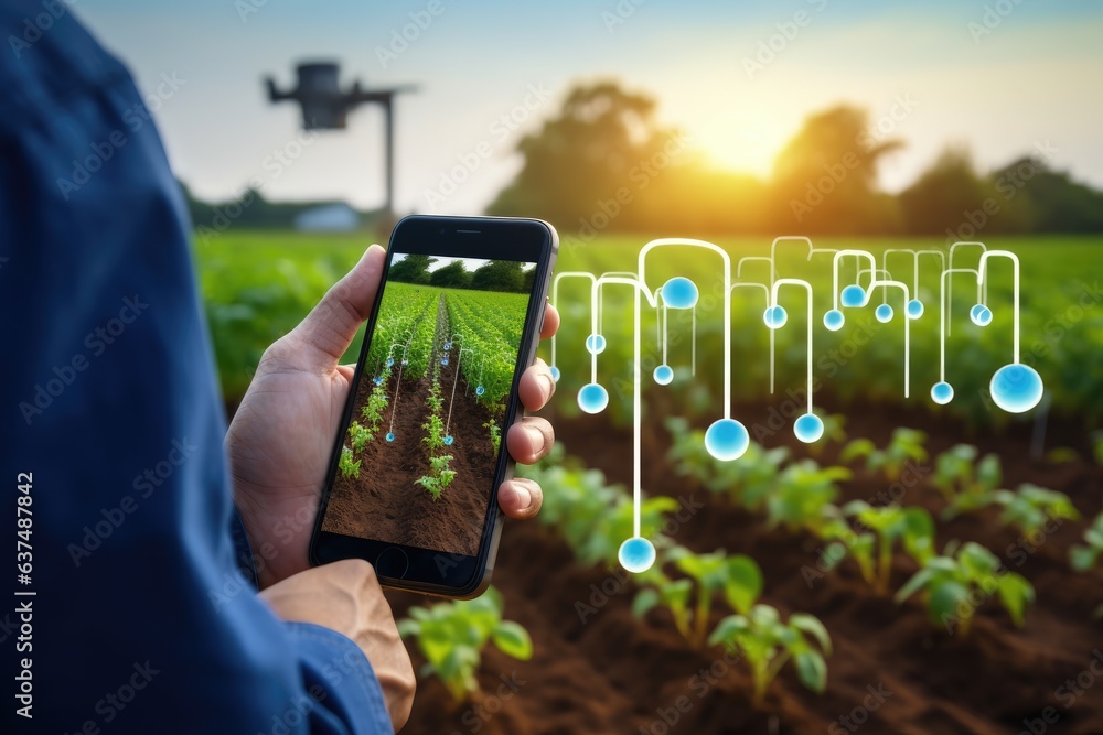 Smart farming concept, A farmer holding smartphone using management ...