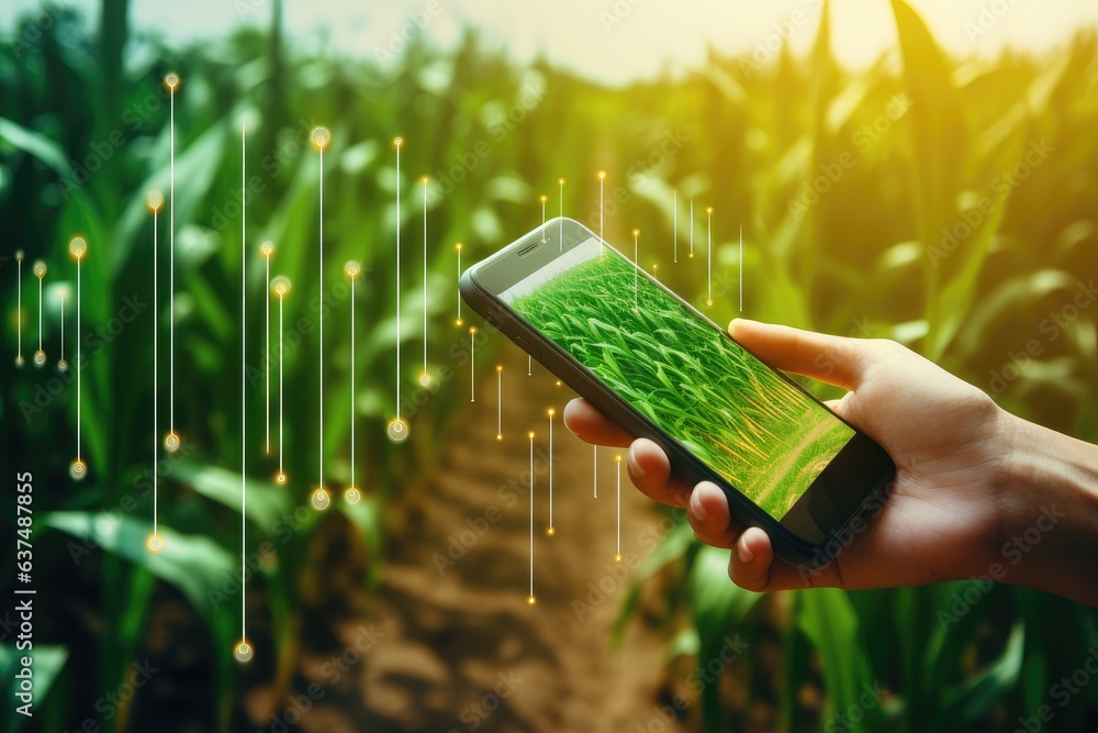 Smart farming concept, A farmer holding smartphone using management ...