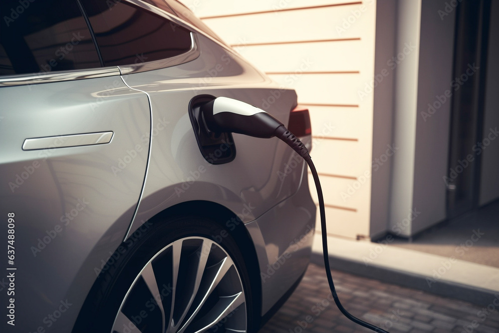 Plugged cable charging an electric family car in a garage - Home garage ...
