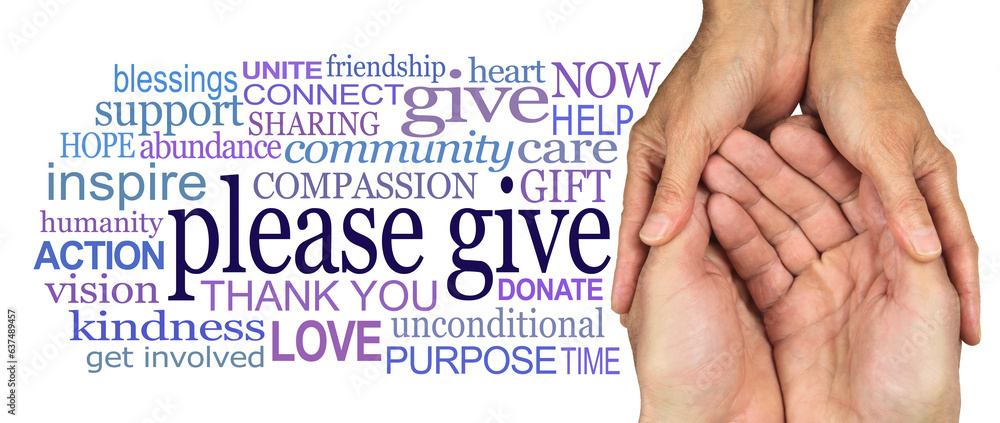 Please give what you can - female hands gently cupped around male ...