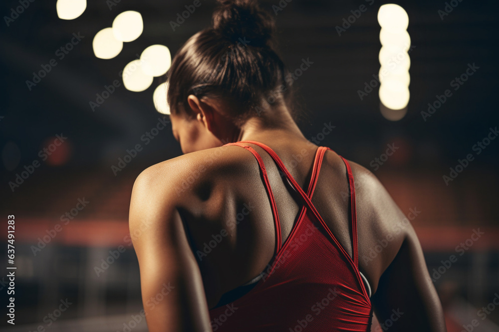 Sport woman athlete on stadium preparing for competition, back view ...