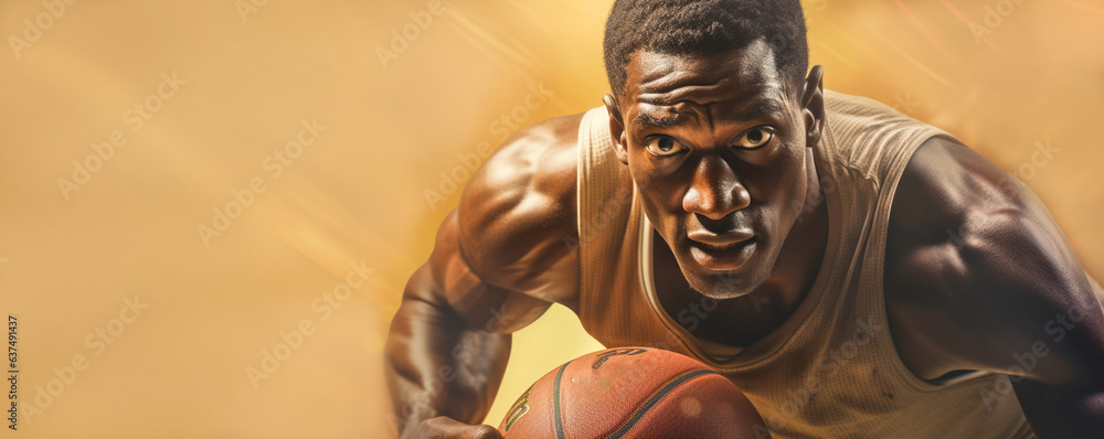 Portrait of Focused basketball player. His face shows tension and determination, hands ready for ...