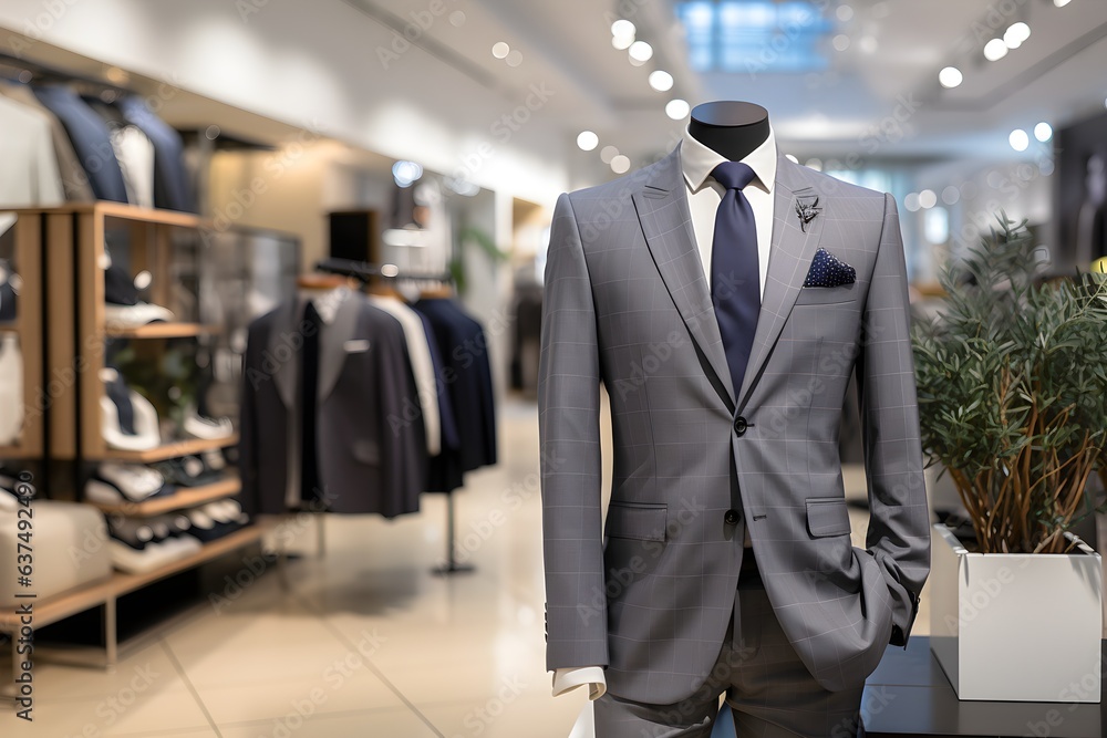 A nice grey suit with a white shirt is on a mannequin at a department ...