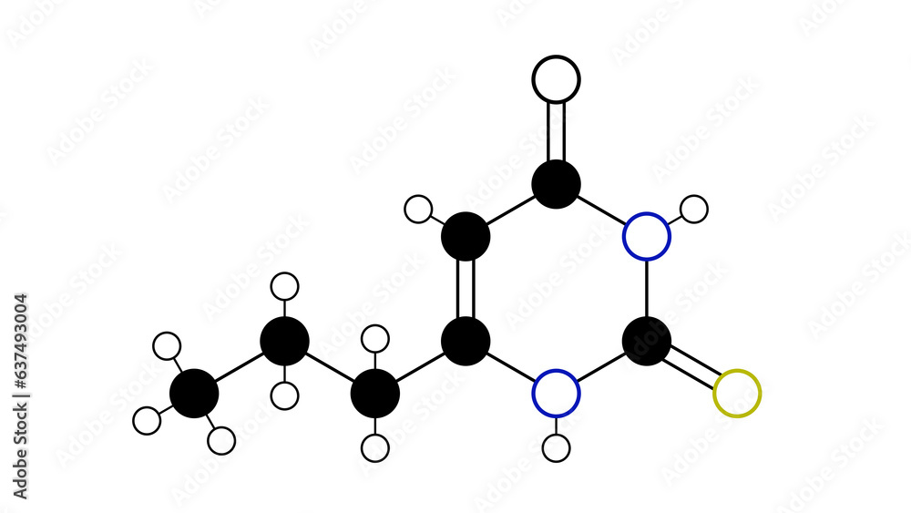 propylthiouracil molecule, structural chemical formula, ball-and-stick ...