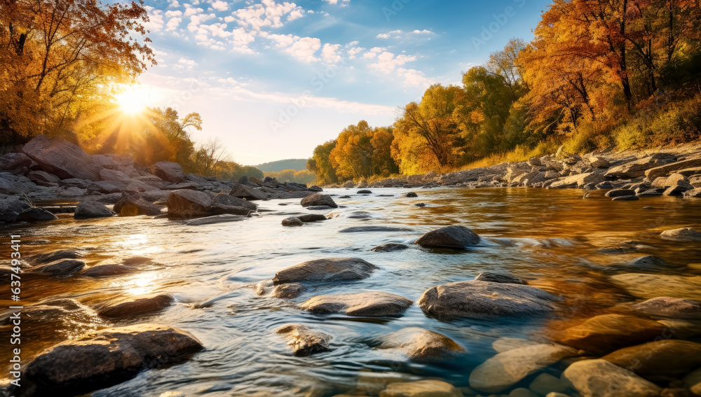 Sunrise over a river with rocks along the river, sunshine on the river ...