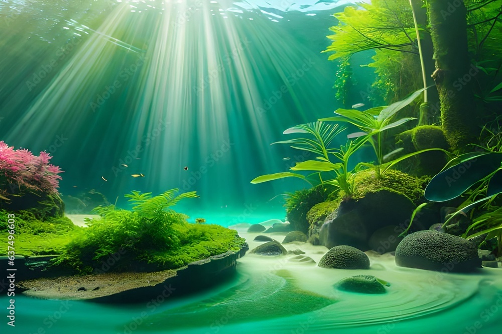 beautiful fresh water. sun rays under the water. Process of ...