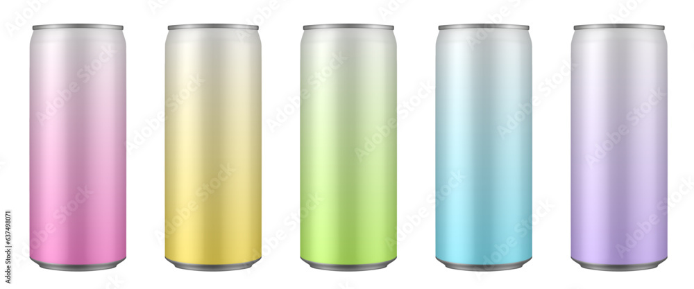 Set of pink, yellow, green, blue and purple tin cans of energy drink ...