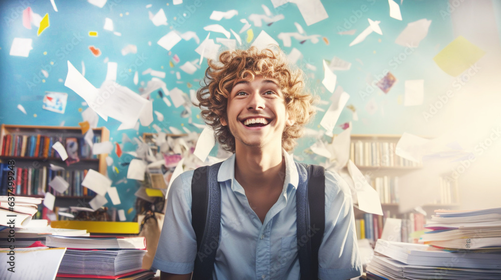 Portrait of Happy student at high school in the classroom. Back to ...