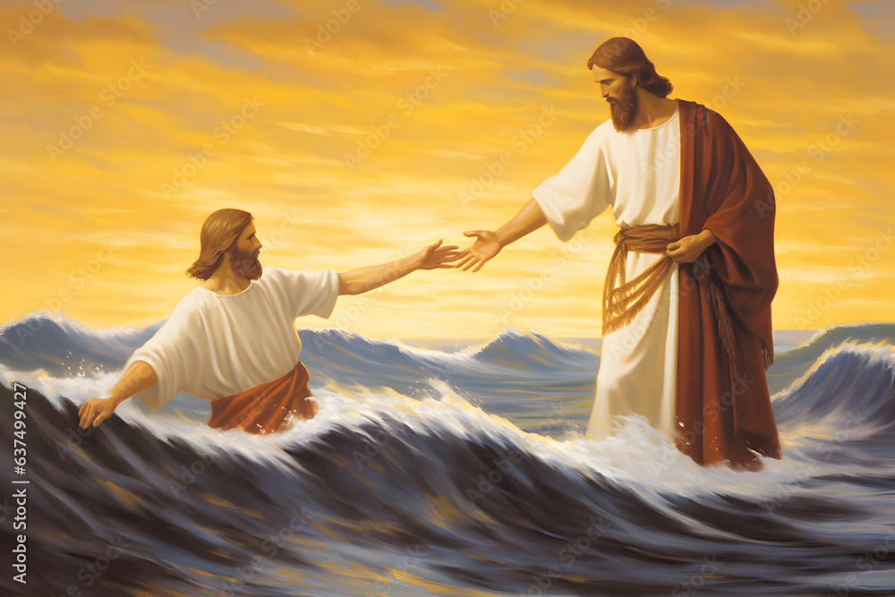 Jesus rescuing drowned Peter at sea during storm. Stock Illustration ...