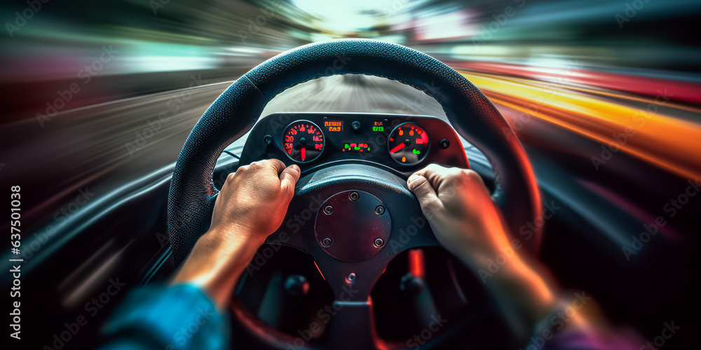 Dynamic close-up of racing driver's hands gripping wheel during intense ...