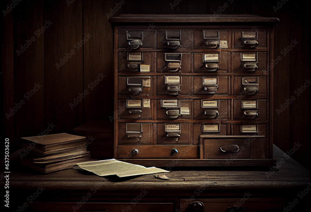 File cabinet. Box with old paper cards, archive, inventory concept ...
