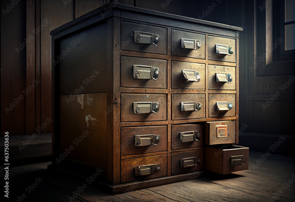 File cabinet. Box with old paper cards, archive, inventory concept ...