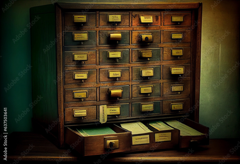 File cabinet. Box with old paper cards, archive, inventory concept ...