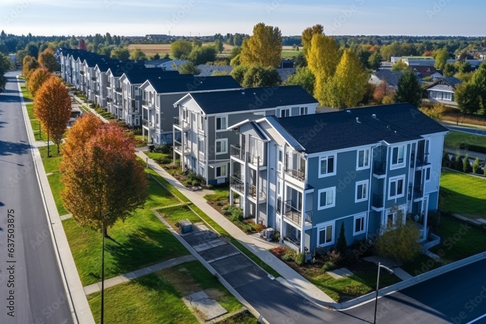 Drone view of a residential suburban area of small two-story multi ...