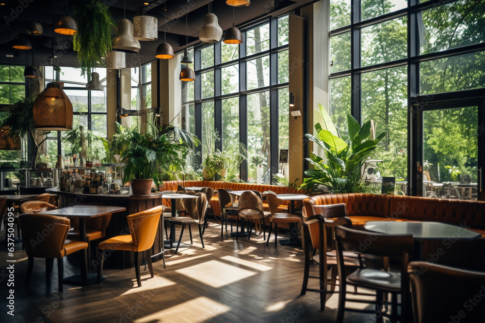 Large spacious empty cafe or restaurant with huge windows overlooking ...