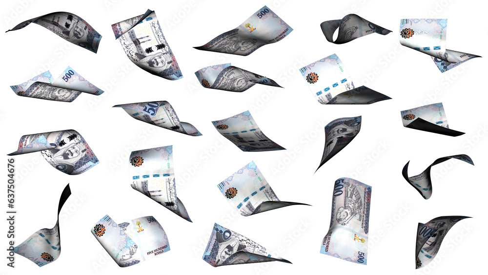 3D rendering of 500 Saudi Arabian riyal notes flying in different ...