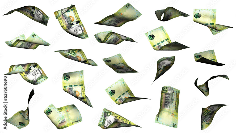 3D rendering of 50 Saudi Arabian riyal notes flying in different angles ...