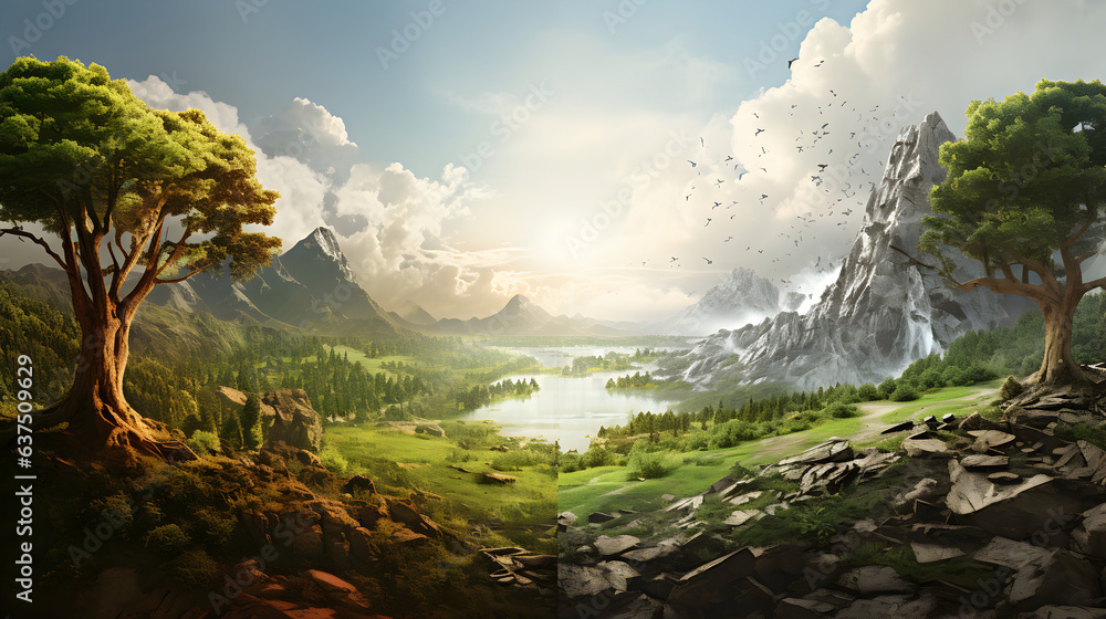 Before and after of an untouched natural landscape with the same ...